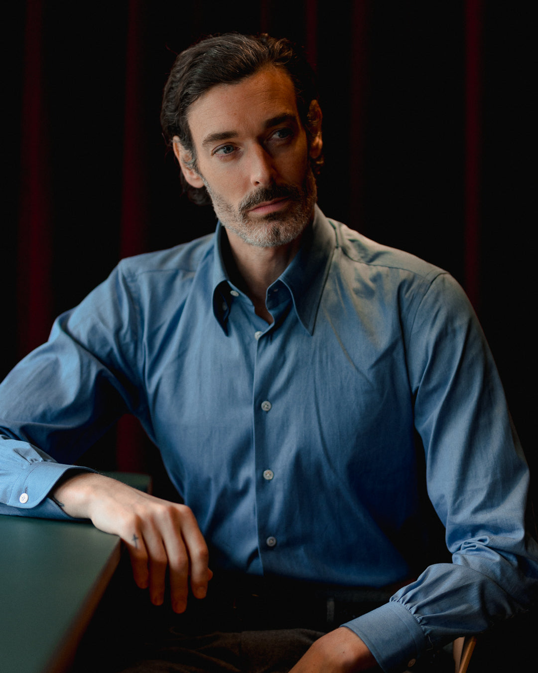 Denim Blue Hidden Button Down Collar Shirt from Edward Sexton